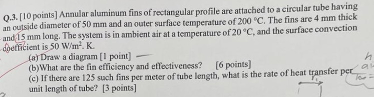 Q.3. [10 points] Annular aluminum fins of rectangular profile are ...