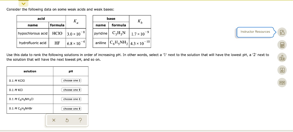 SOLVED: Consider the following data on some weak acids and weak bases: acid base name formula ...