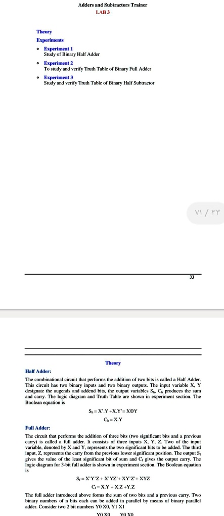 SOLVED: Adders and Subtractors Trainer LAB3 Theory Experiments Experiment 1: Study of Binary ...