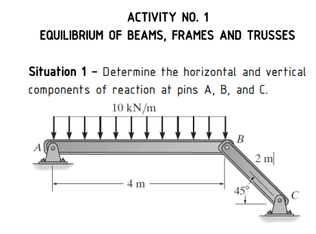 ACTIVITY NO. 1 EQUILIBRIUM OF BEAMS, FRAMES AND TRUSSES Situation 1 - Determine the horizontal ...