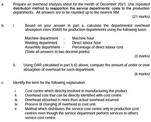 SOLVED: Prepare an overhead analysis sheet for the month of December ...