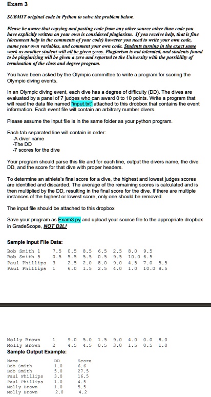 Solved Exam 3 Submit Original Code In Python To Solve The Problem Below Please Be Auare That