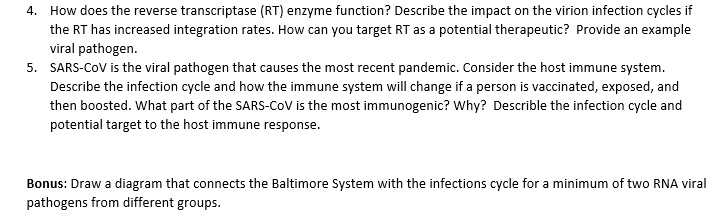 SOLVED: 4. How does the reverse transcriptase (RT) enzyme function? Describe the impact on the ...