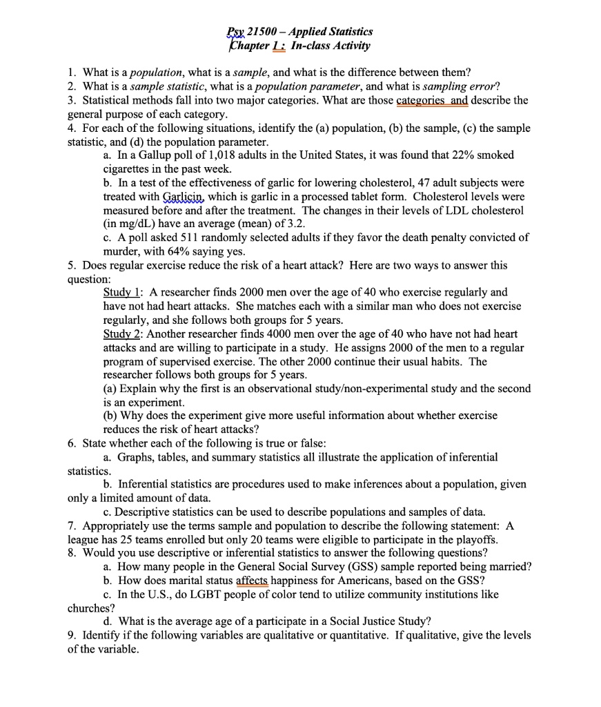 SOLVED Psx 21500 Applied Statistics Ehapter L In class Activity What 