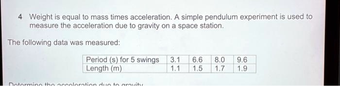 SOLVED: 4 Weight is equal to mass times acceleration. A simple pendulum experiment is used to ...