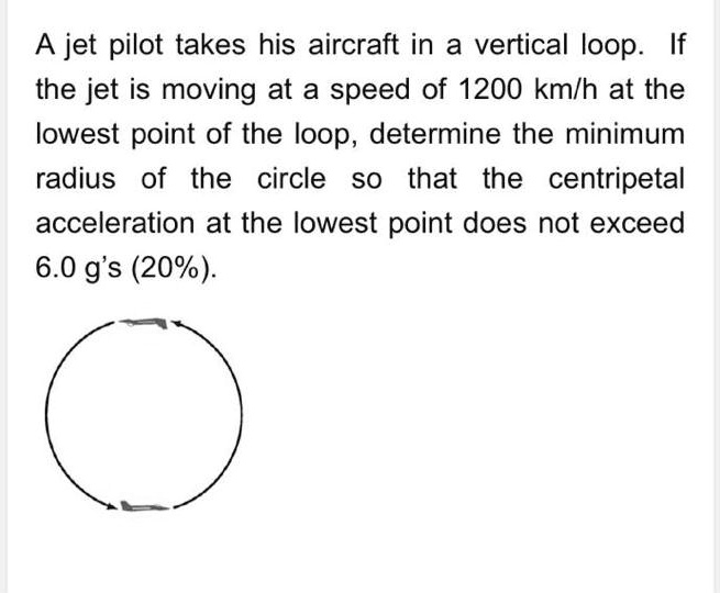 a jet pilot takes his aircraft in a vertical loop if the jet is moving at a speed of 1200 kmlh ...