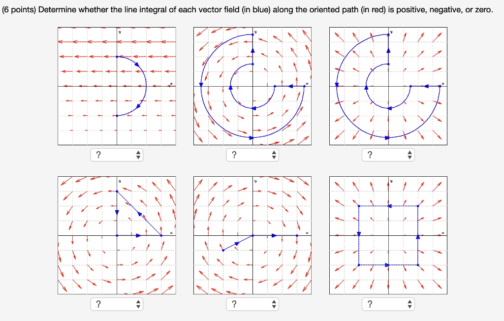 (6 points) Determine whether the line integral of each vector field (in blue) along the oriented ...