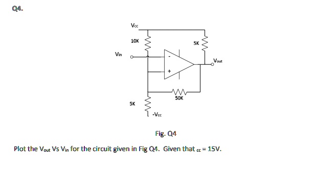 SOLVED: Vcc 10K Vin 5K -Vcc Fig. Q4 Plot the Vout vs Vin for the circuit given in Fig. Q4. Given ...