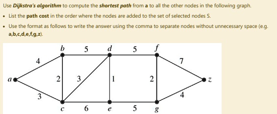 SOLVED: Use Dijkstra's algorithm to compute the shortest path from a to ... SOLVED: Use Dijkstra's algorithm to compute the shortest path from a to ...