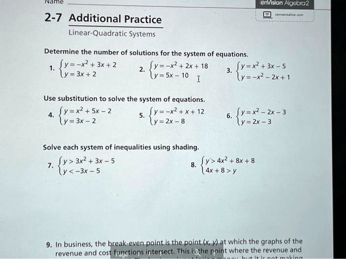 name envision algebia2 2 7 additional practice linear quadratic systems ...