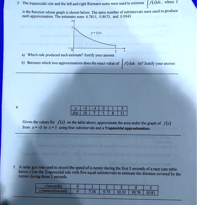 SOLVED: The trapezoidal rule and the left and right Riemann Sums were used to estimate âˆ«f(x)dx ...