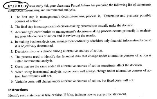 SOLVED: E7.1 (LO 1), CAs a study aid, your classmate Pascal Adams has ...
