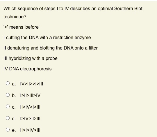 SOLVED: Which sequence of steps to IV describes an optimal Southern ...