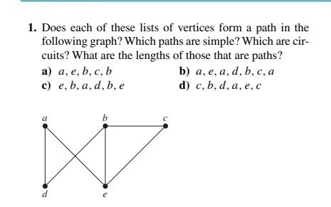 SOLVED: 1. Does each of these lists of vertices form a path in the following graph? Which paths ...