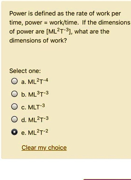 SOLVED: Power is defined as the rate of work per time, power = work ...