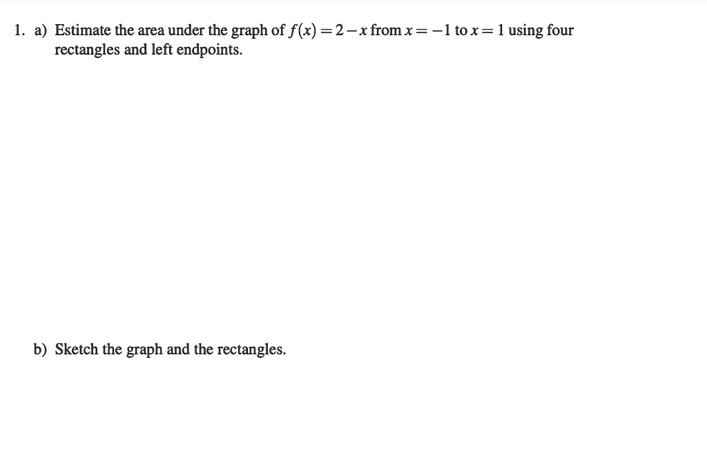 SOLVED: 1. a) Estimate the area under the graph of f(x) = 2-x fromx = -Itox= 1 using four ...