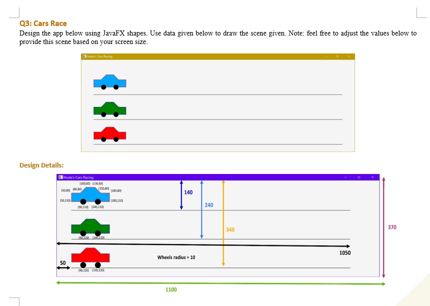 Solved Using Javafx 03 Cars Race Design The App Below Using Javafx Shapes Use The Data Given 6794