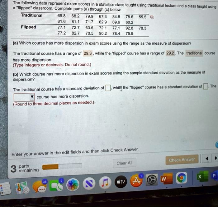 the following data represent exam scores in statistics class taught using traditional lecture ...