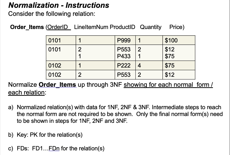 SOLVED: Please show ALL the tables for each form: 1NF, 2NF, 3NF. I am confused on how to go from ...