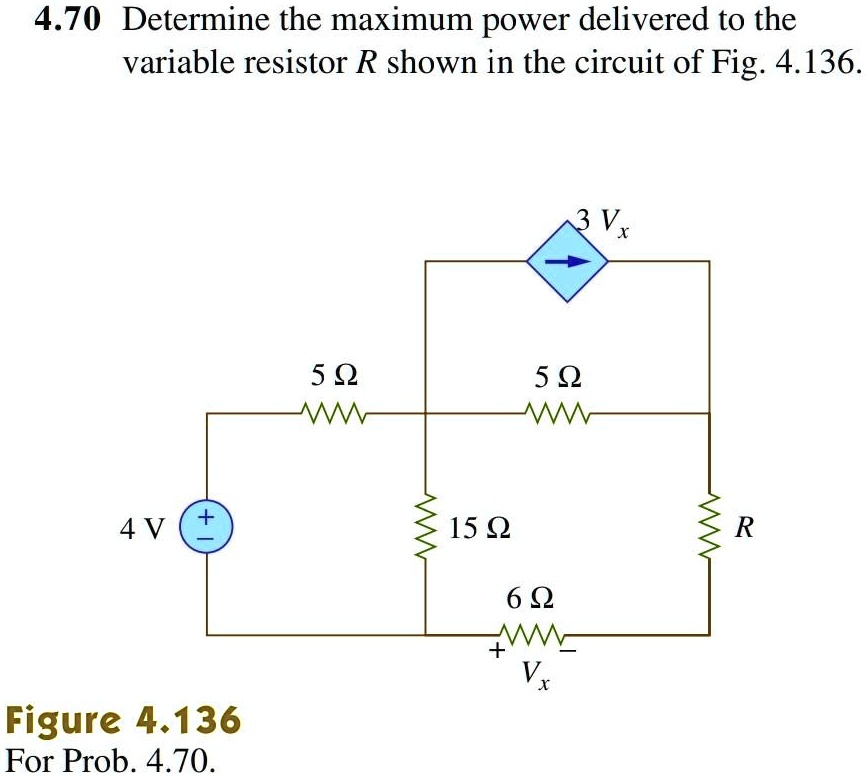 [GET ANSWER] 4.70 Determine the maximum power delivered to the variable resistor R shown in the ...