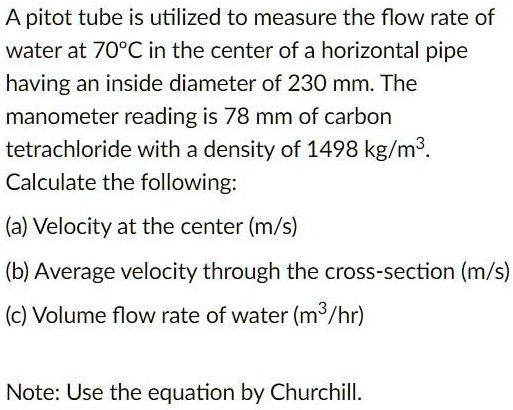SOLVED: A pitot tube is utilized to measure the flow rate of water ...