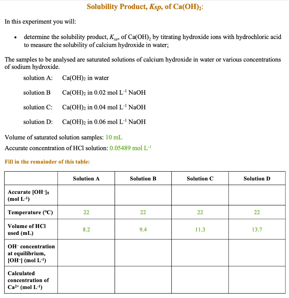 SOLVED: Solubility Product; Ksp; of Ca(OH)2: In this experiment, you ...
