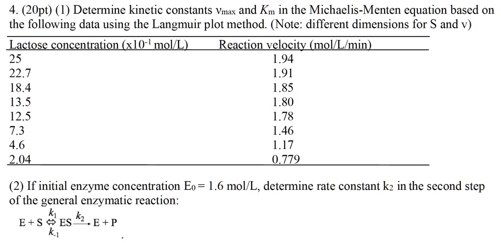 SOLVED: (2Opt) (1) Determine kinetic constants Vmax and Km in the ...