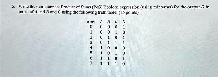 5 write the non compact product of sums pos boolean expression using minterms for the output d ...