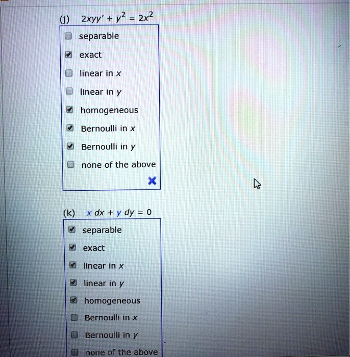 SOLVED: 2xyy' + y^2 + 2x^2 = separable exact linear in x linear in y ...