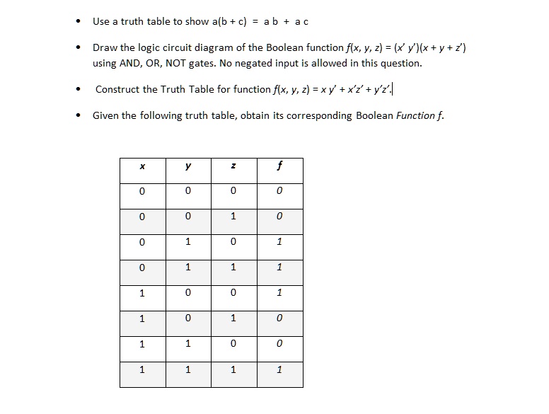 SOLVED: Use a truth table to show a(b + c) = a b + a c Draw the logic ...