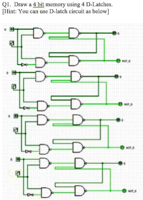 SOLVED: Q1. Draw a 4-bit memory using 4 D-Latches. Hint: You can use a D-latch circuit as shown ...