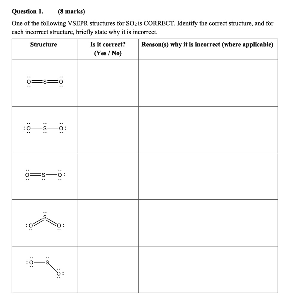 SOLVED: (8 marks) One of the following VSEPR structures for SO2 is ... SOLVED: (8 marks) One of the following VSEPR structures for SO2 is ...
