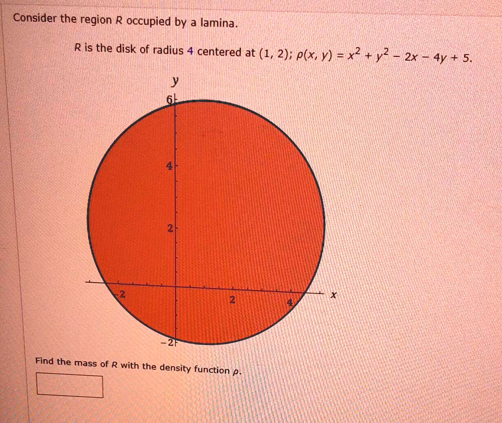 consider the region r occupied by a lamina r is the disk of radius 4 centered at 1 2 px y x2 y2 ...
