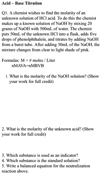 acid base titration q1a chemist wishes t0 find the molarity of an ...
