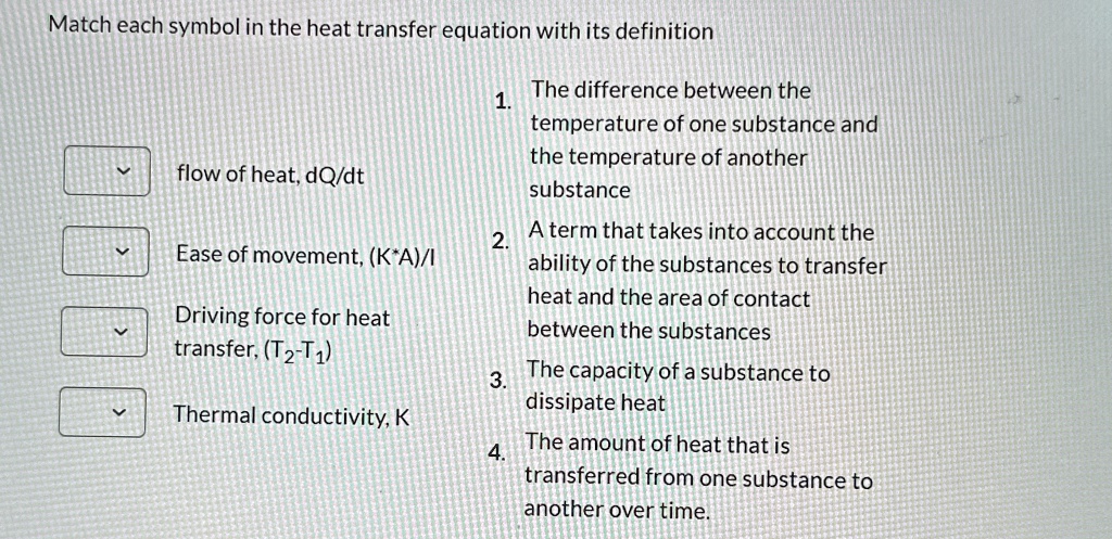 Match each symbol in the heat transfer equation with its definition ...
