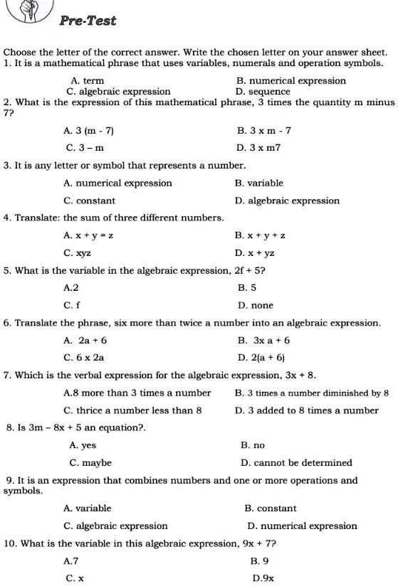 SOLVED: Text: Pre-Test Choose the letter of the correct answer. Write ...