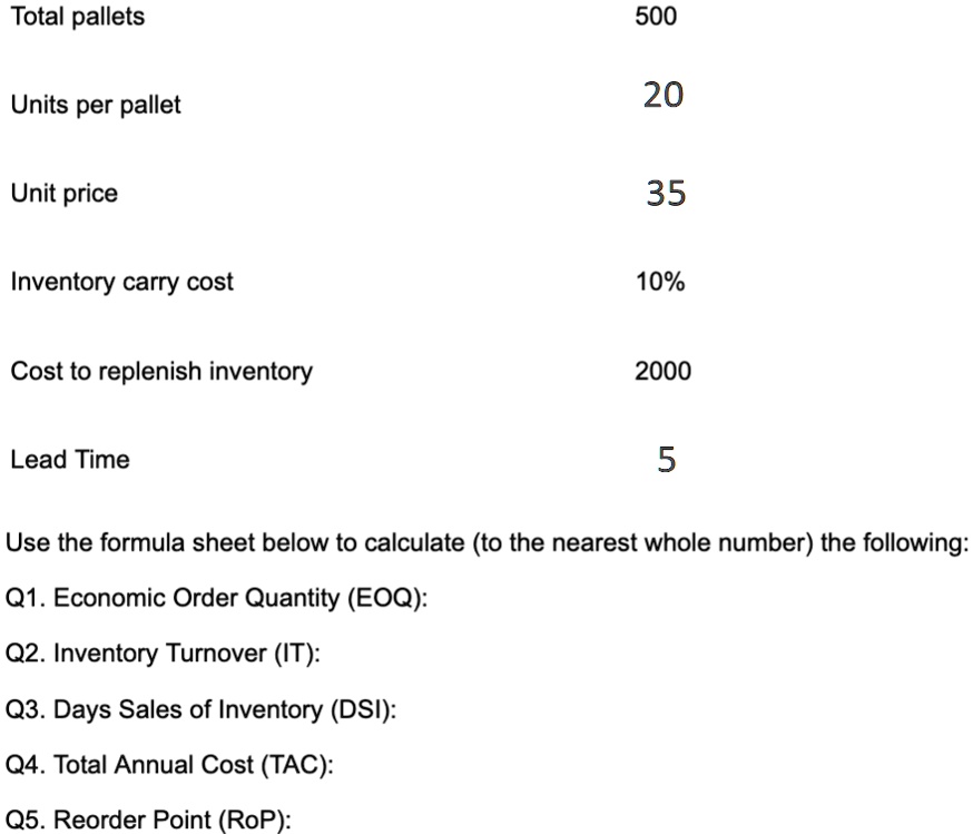 Total pallets 500 Units per pallet 20 Unit price 35 Inventory carry ...