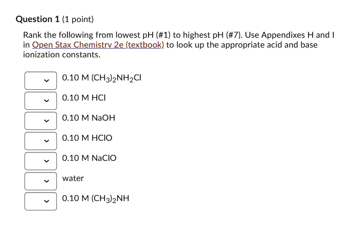 SOLVED:Question 1 (1 point) Rank the following from lowest pH (#1) to ...