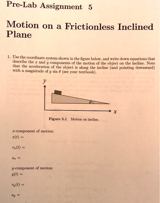 SOLVED: Pre-Lab Assignment 5 Motion on a Frictionless Inclined Plane Use the coordinate system ...