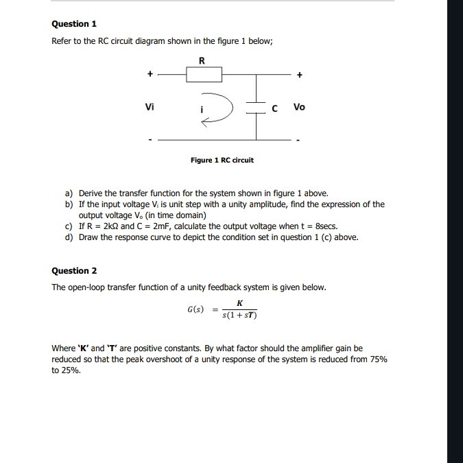 Question 1 Refer To The Rc Circuit Diagram Shown In The Figure 1 Below