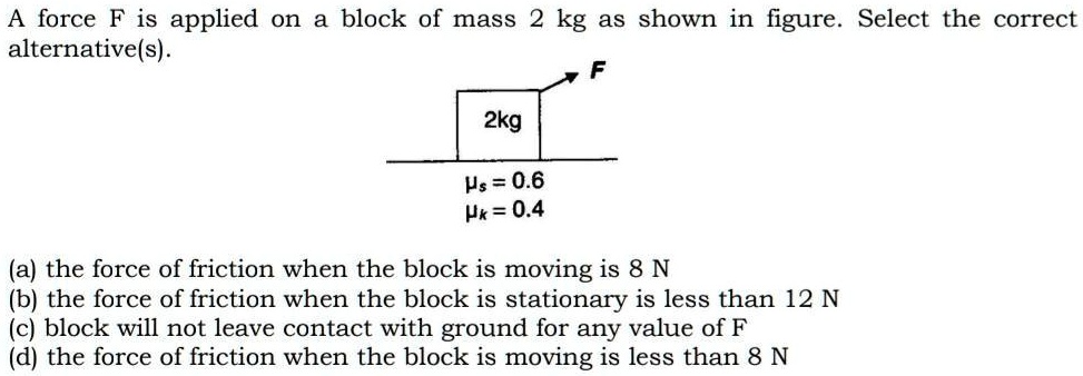 SOLVED: A force F is applied on a block or has 2 kg as shown in the figure. Select the correct ...