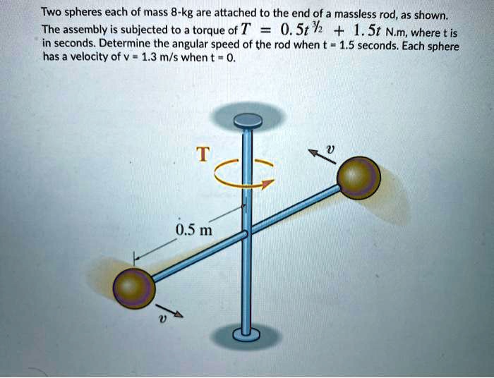 Two spheres each of mass 8-kg are attached to the end of a massless rod ...
