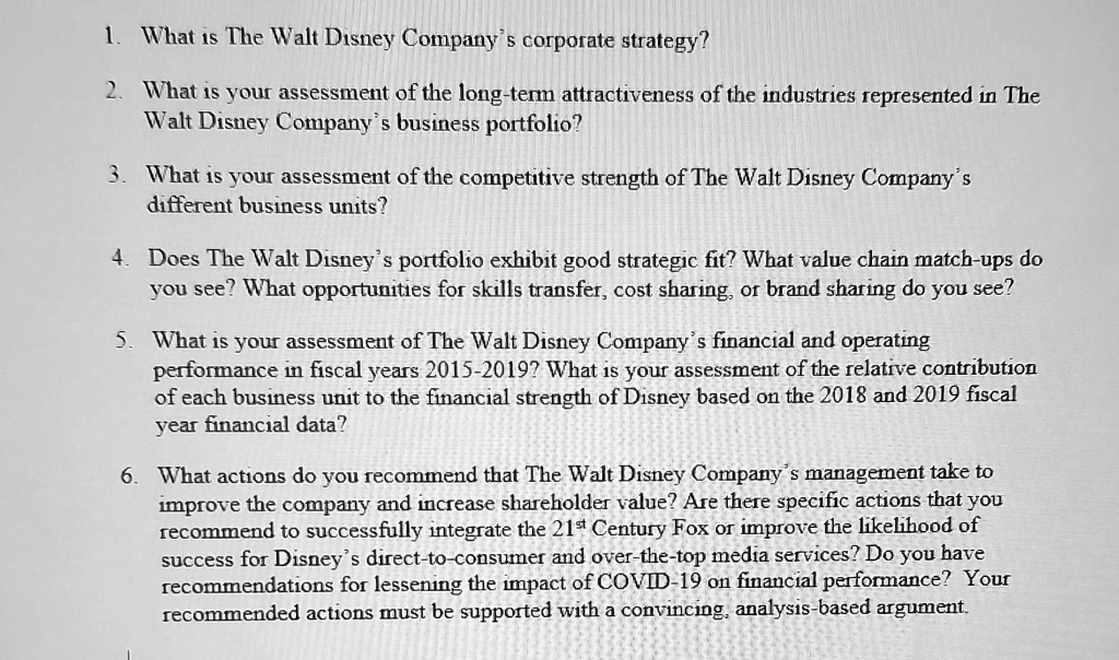 SOLVED: l.What is The Walt Disney Company's corporate strategy? 2.What ...