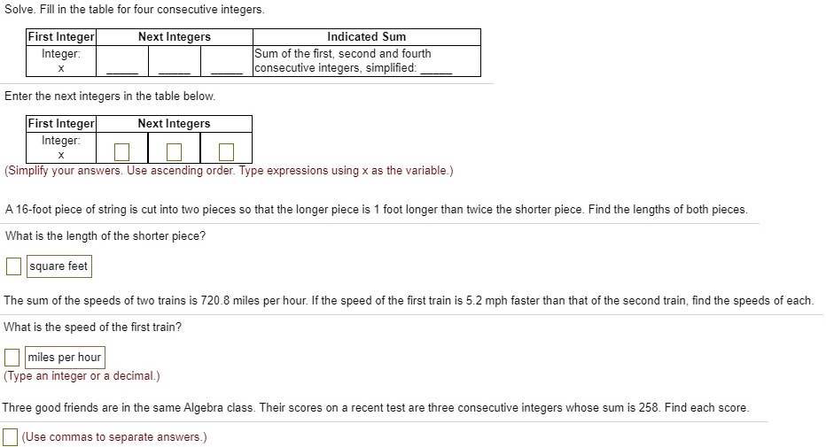solve fill in the table for four consecutive integers first integer integer next integers ...