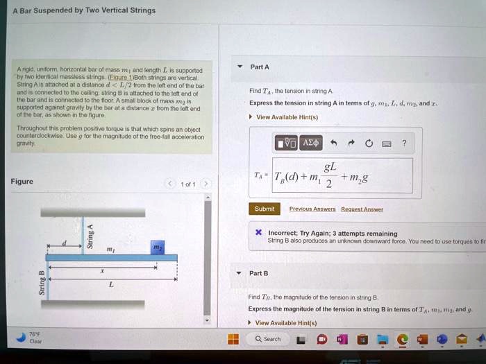 SOLVED: A rigid uniform horizontal bar of mass m and length is supported by two identical ...