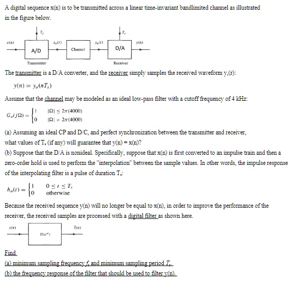 SOLVED: A digital sequence x(n) is to be transmitted across a linear time-invariant bandlimited ...