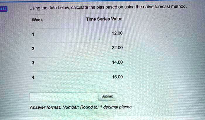 SOLVED: 014 Using the data below; calculate the bias based on using the naive forecast method ...