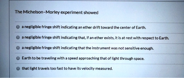 the michelson morley experiment showed a negligible fringe shift ...