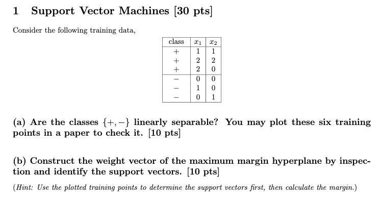 1 Support Vector Machines [30 pts] Consider the following training data ...