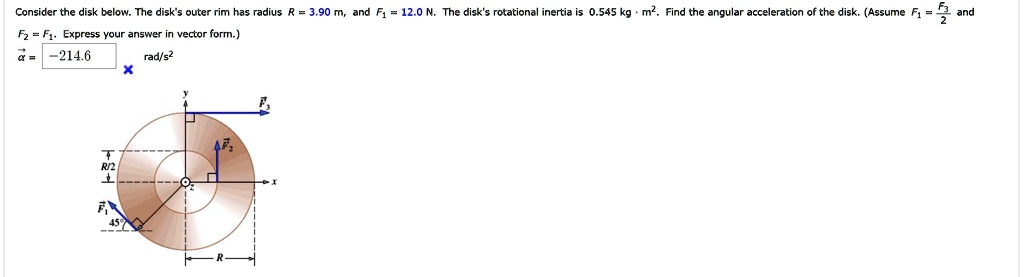 Consider the disk below. The disk's outer rim has a radius of 3.90 m. The force applied to the ...